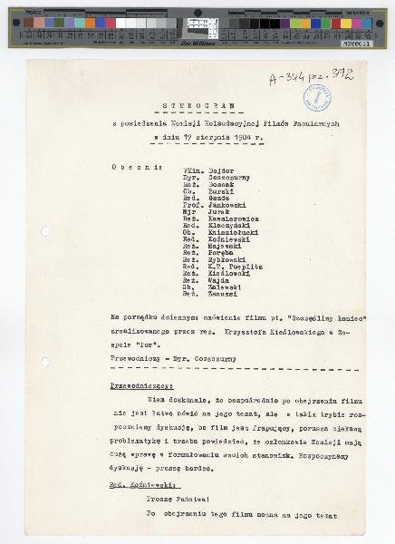 Stenogram kolaudacji filmu "Bez końca"