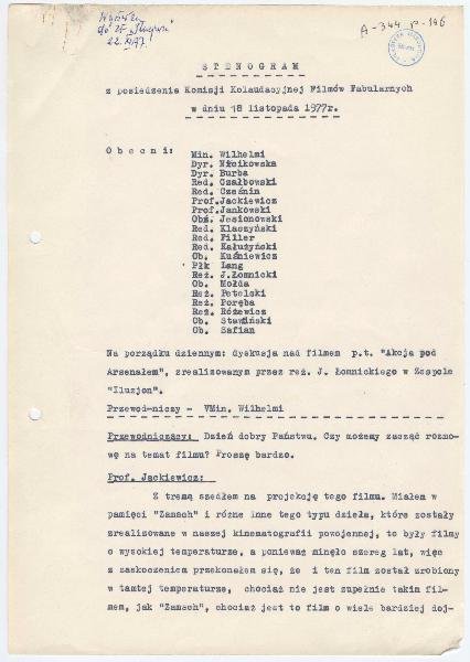 Stenogram kolaudacji filmu "Akcja pod Arsenałem"