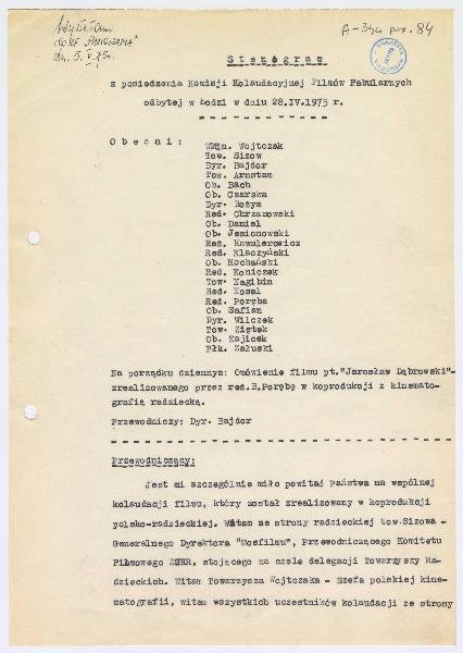 Stenogram kolaudacji filmu "Jarosław Dąbrowski"